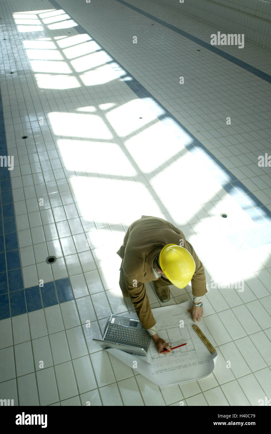 Men at work, swimming-pool, architect, construction helmet, plan ...