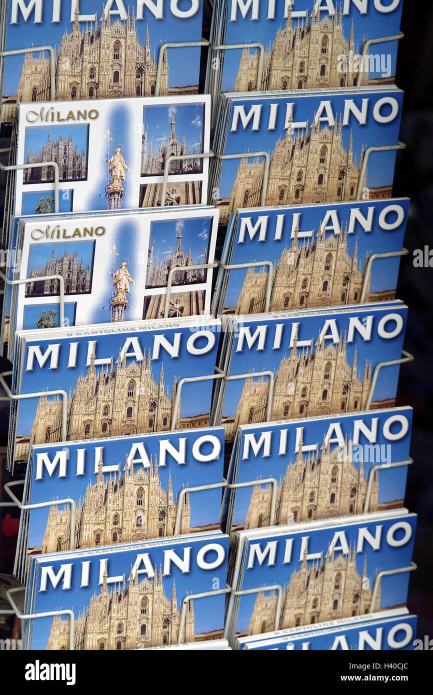 Italy, Milan, kiosk, sales, postcards, illustration, Milan cathedral ...