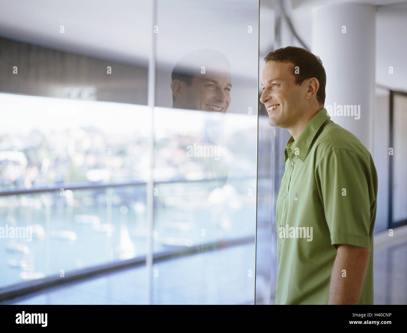 Office buildings, office worker, view, window, laugh, half portrait ...