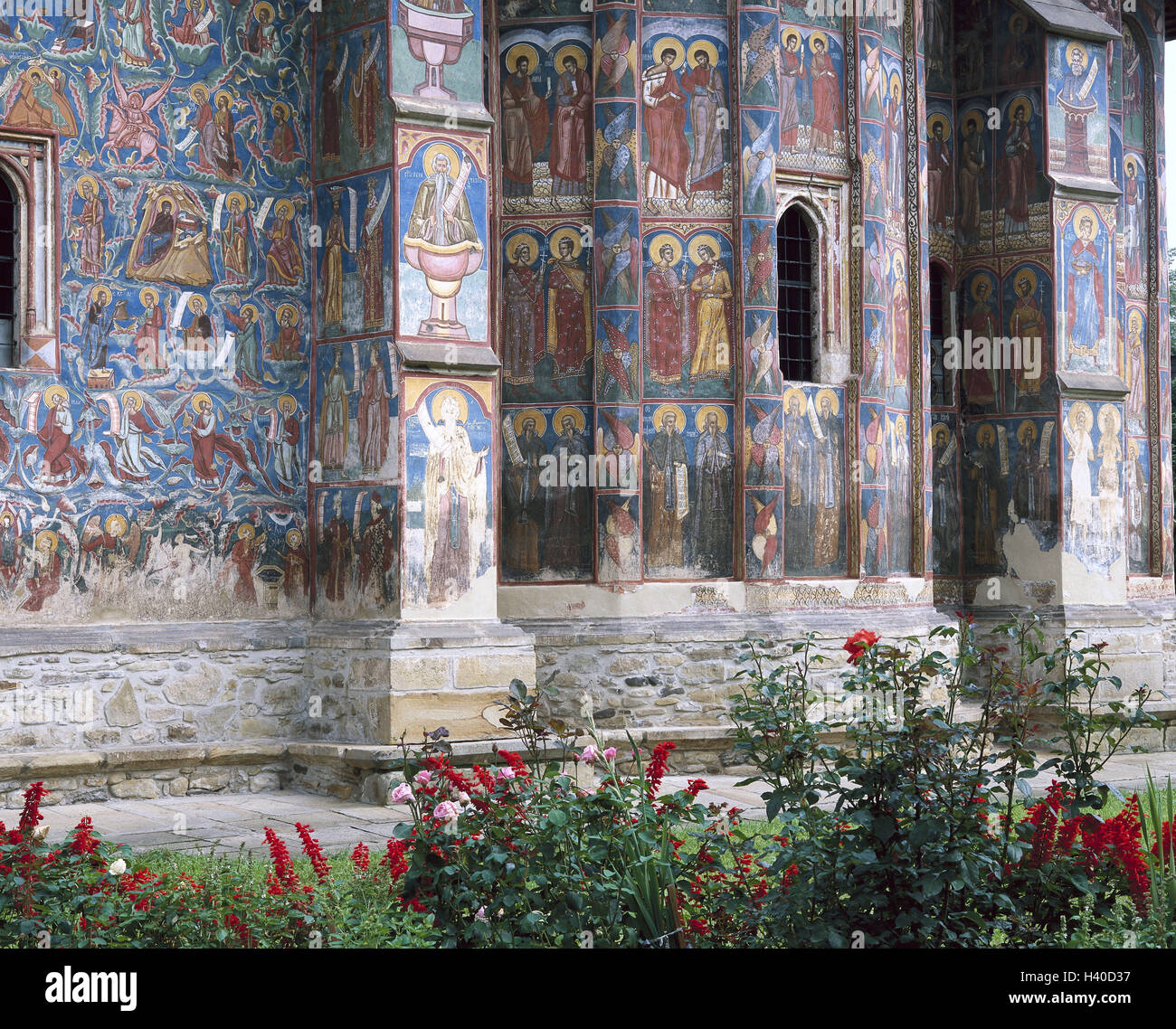 Romania, Bukovina, cloister Moldovita, facade, frescoes, detail, Europe ...