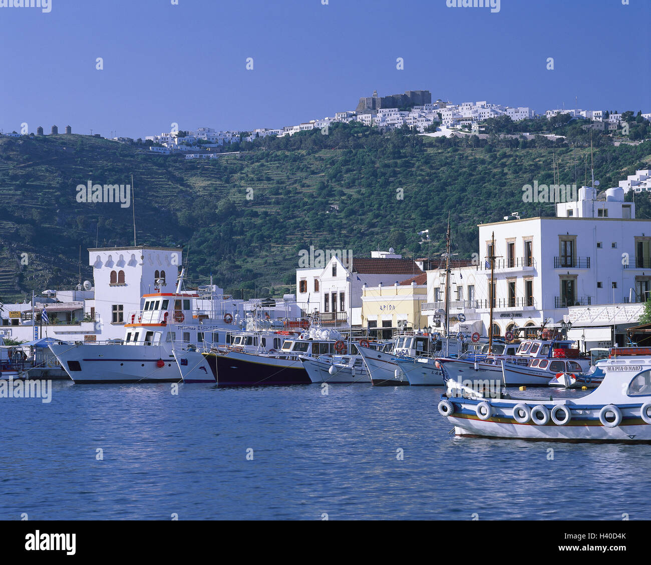 Greece, island Patmos, scale, town view, harbour, background ...