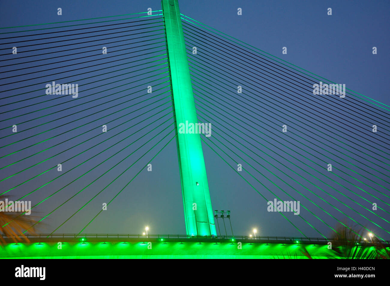 The underside of the Bai Chay Bridge in Ha Long Vietnam lit up at night ...