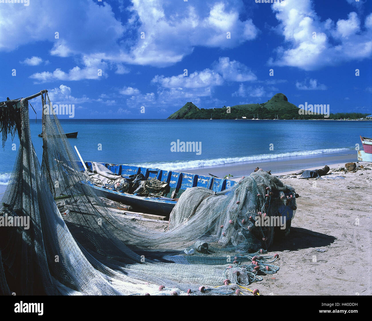 West-Indian islands, Saint Lucia, Vigie Beach, fishing boat, networks ...