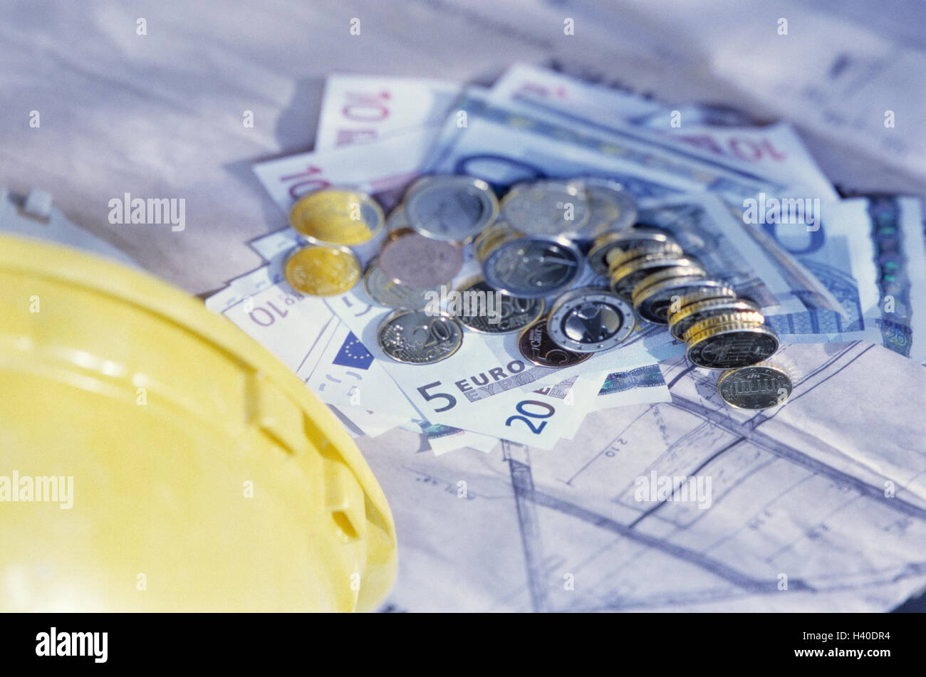 Building of a house, architect's plan, euro, bank notes, coins, Still ...