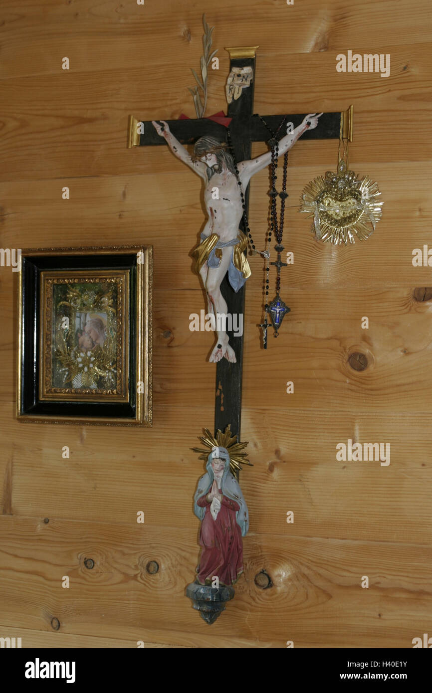 Residential room, wooden wall, crucifix, devotional objects room ...