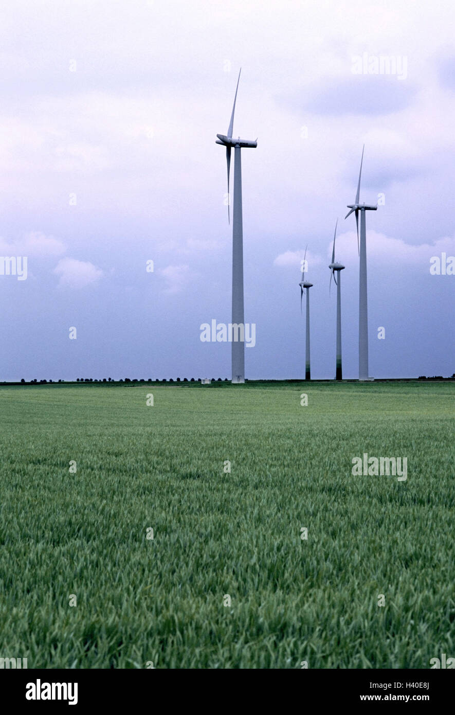 Field scenery, wind park, wind turbines, heavens, clouds, fields ...