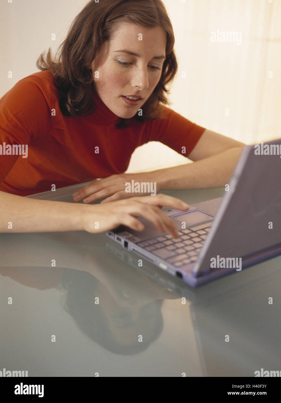 Desk, woman, concentrates, laptop, data entry, model released, at home ...