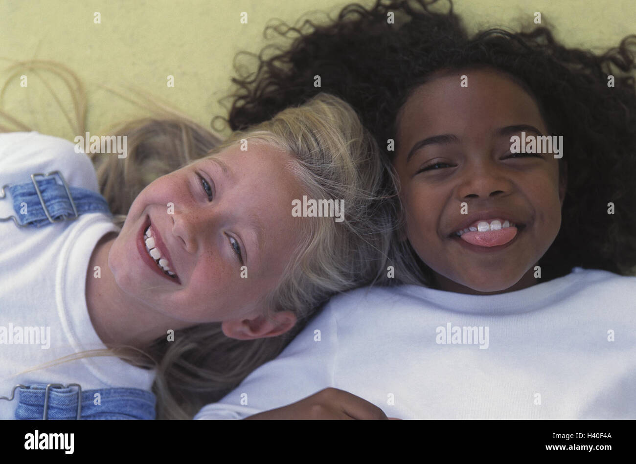 Girls, skin colour, differently, lie, portrait, from above inside ...