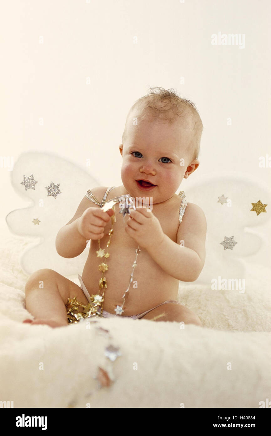 Infant, angel, sit, play cloud, garland, studio, Christmas, child, baby ...