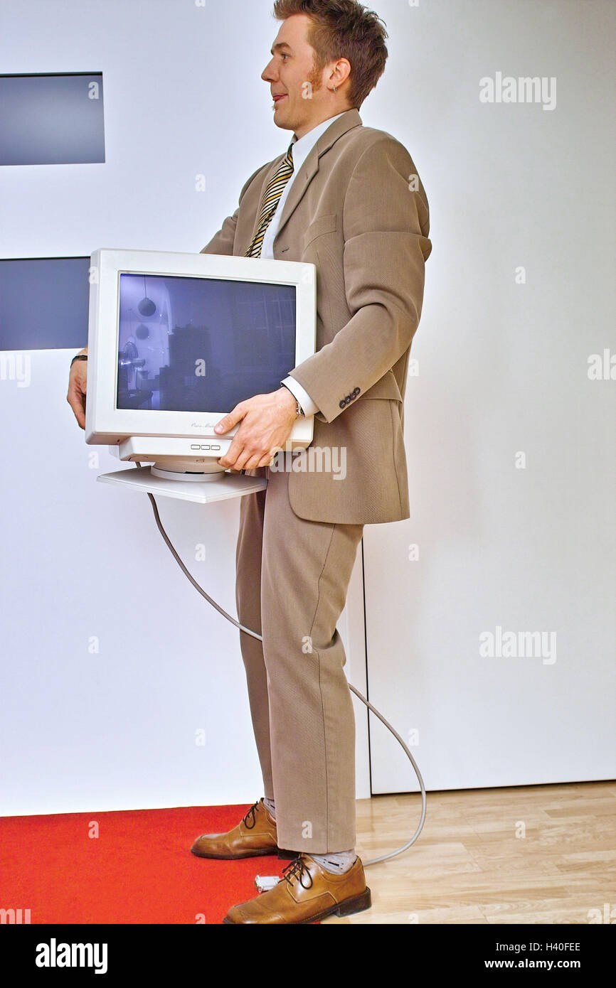 Businessman, monitor, carry side view, curled, man, 20-30 years, office ...