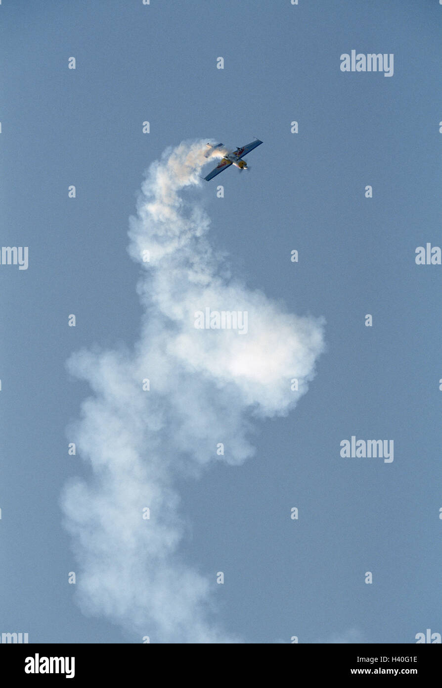 Flight show, stunt pilot, smoke, from below, aerobatics, air show ...