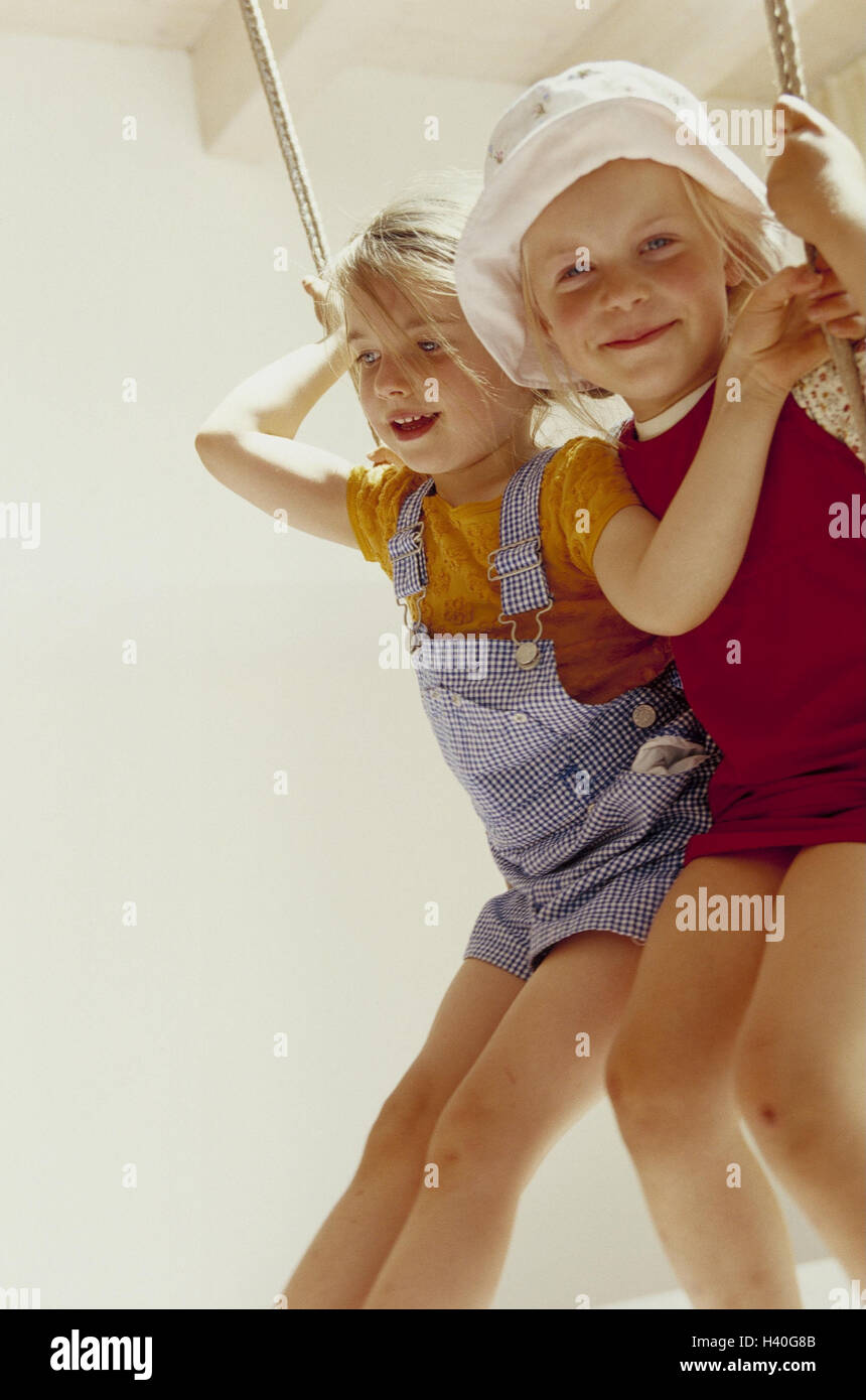 Girls, springboard swing, happy, studio, children, two, friends ...