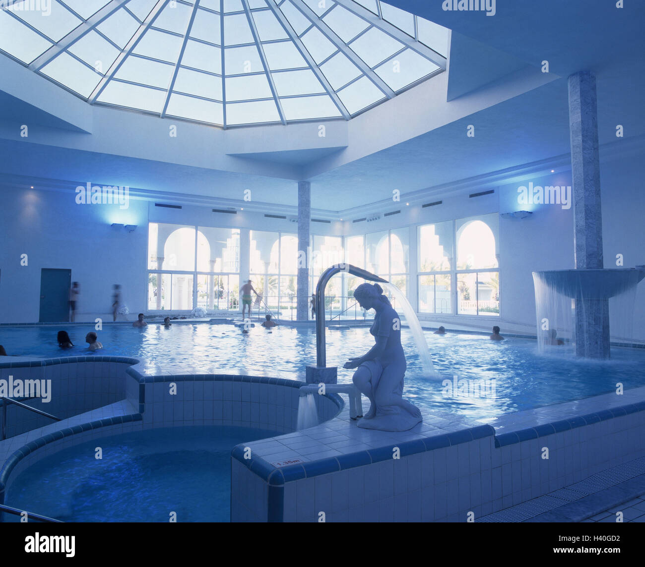 Swimming-pool, interior shot, bathers, statue inside, indoor swimming ...