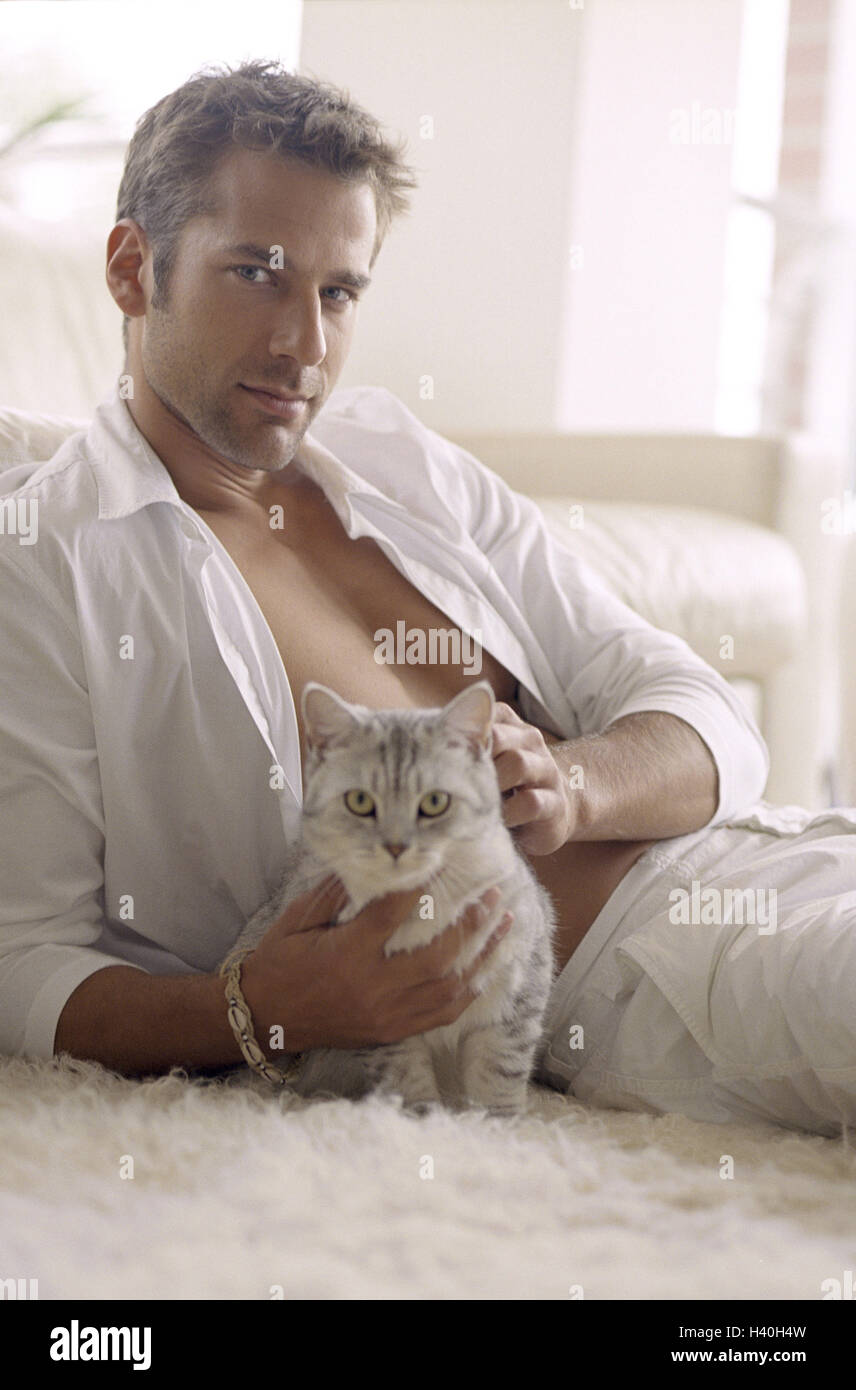 Man, cat, sit, stroke floor, model released, animal friend, animal ...