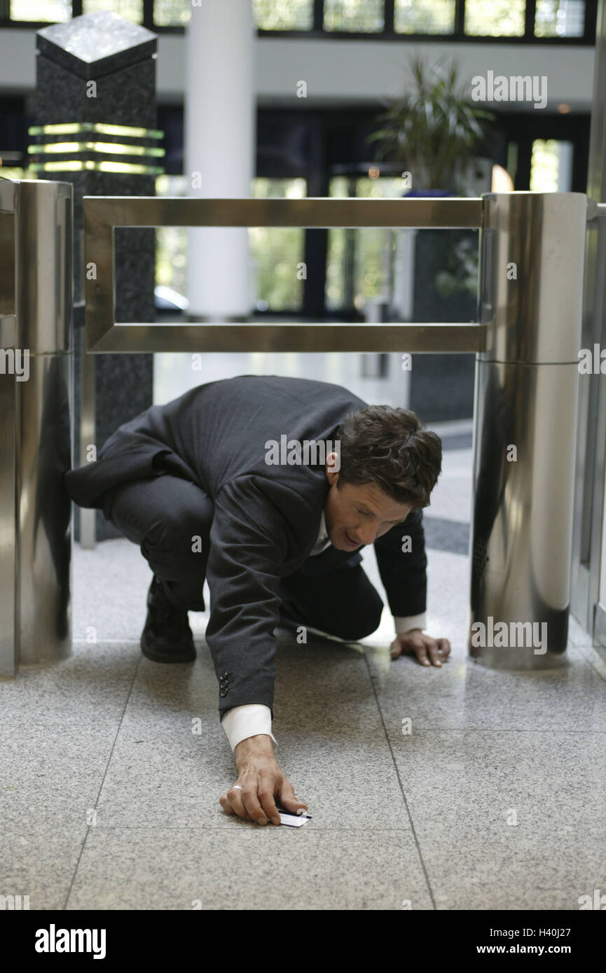 Buildings, entrance hall, passage, barrier, closed, man, magnet card ...