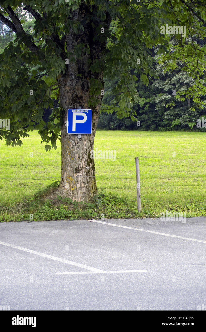 Meadow, tree, sign, parking lot, blank, selection, asphalt, tar ...