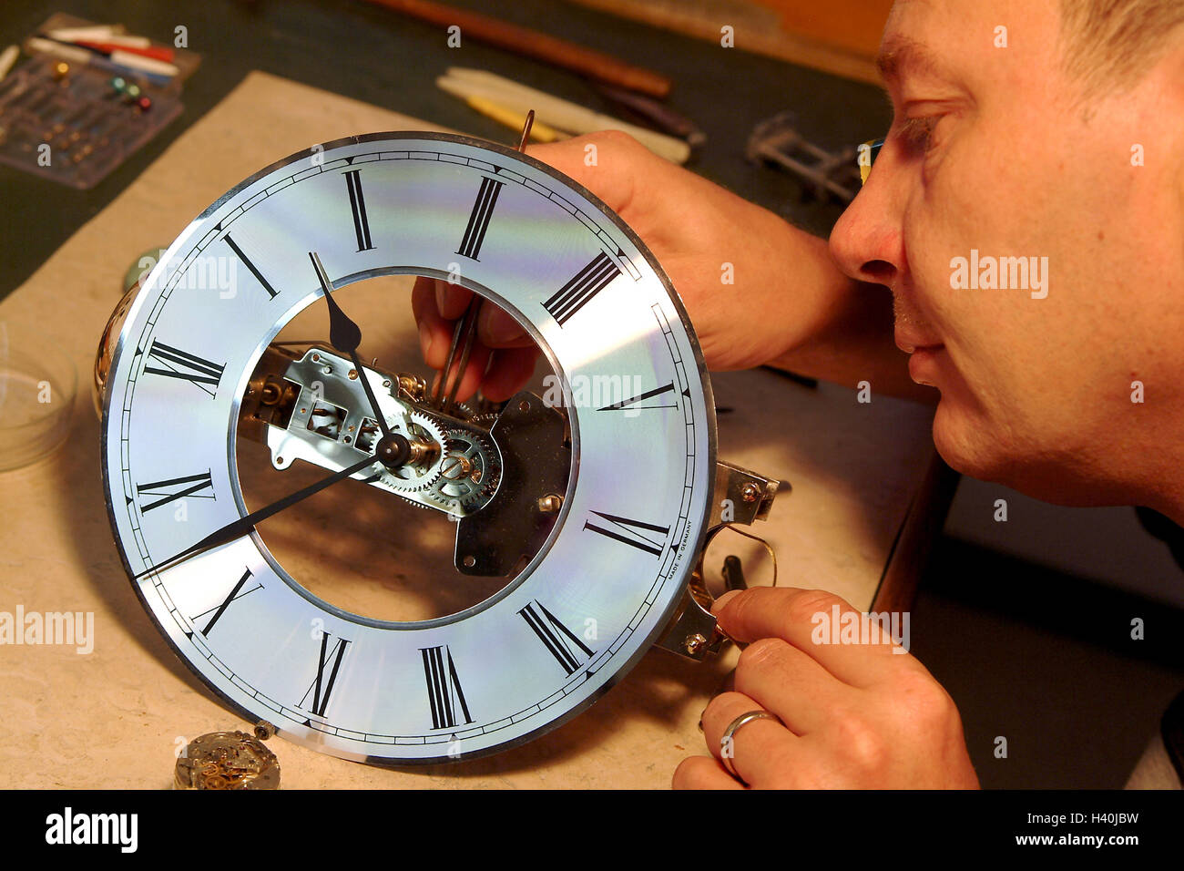 Watchmakers, clockwork, screwdriver, repair, tread, curled, man, 40-50 ...