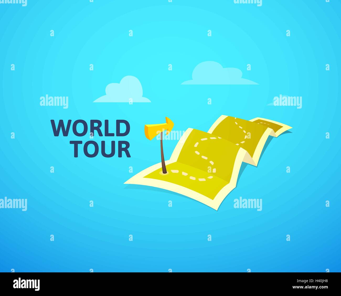 World tour concept logo, long route in travel map with guide marker ...