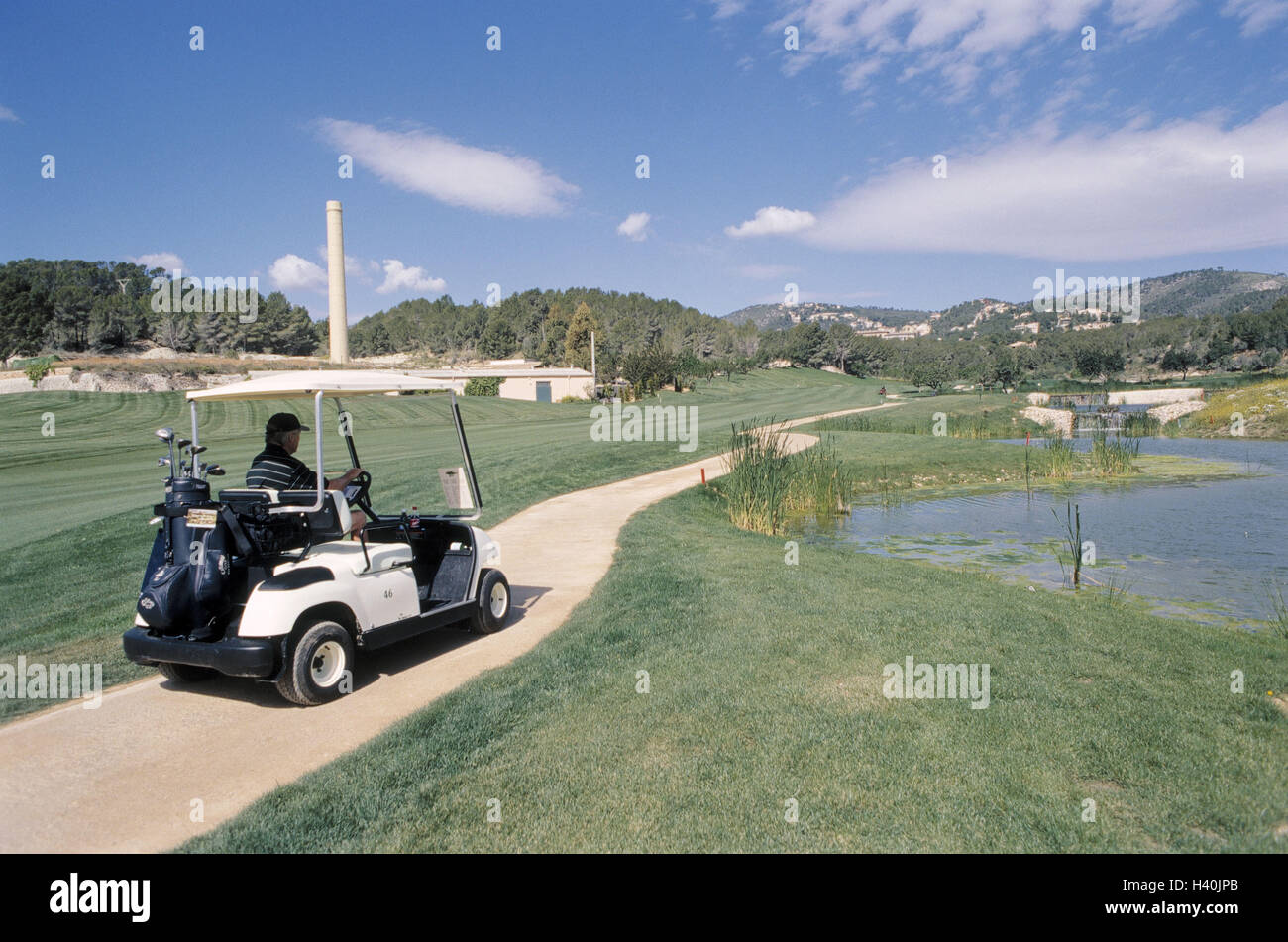 Spain, Majorca, Son Vida, golf course, sandy path, Golf carriage, the ...