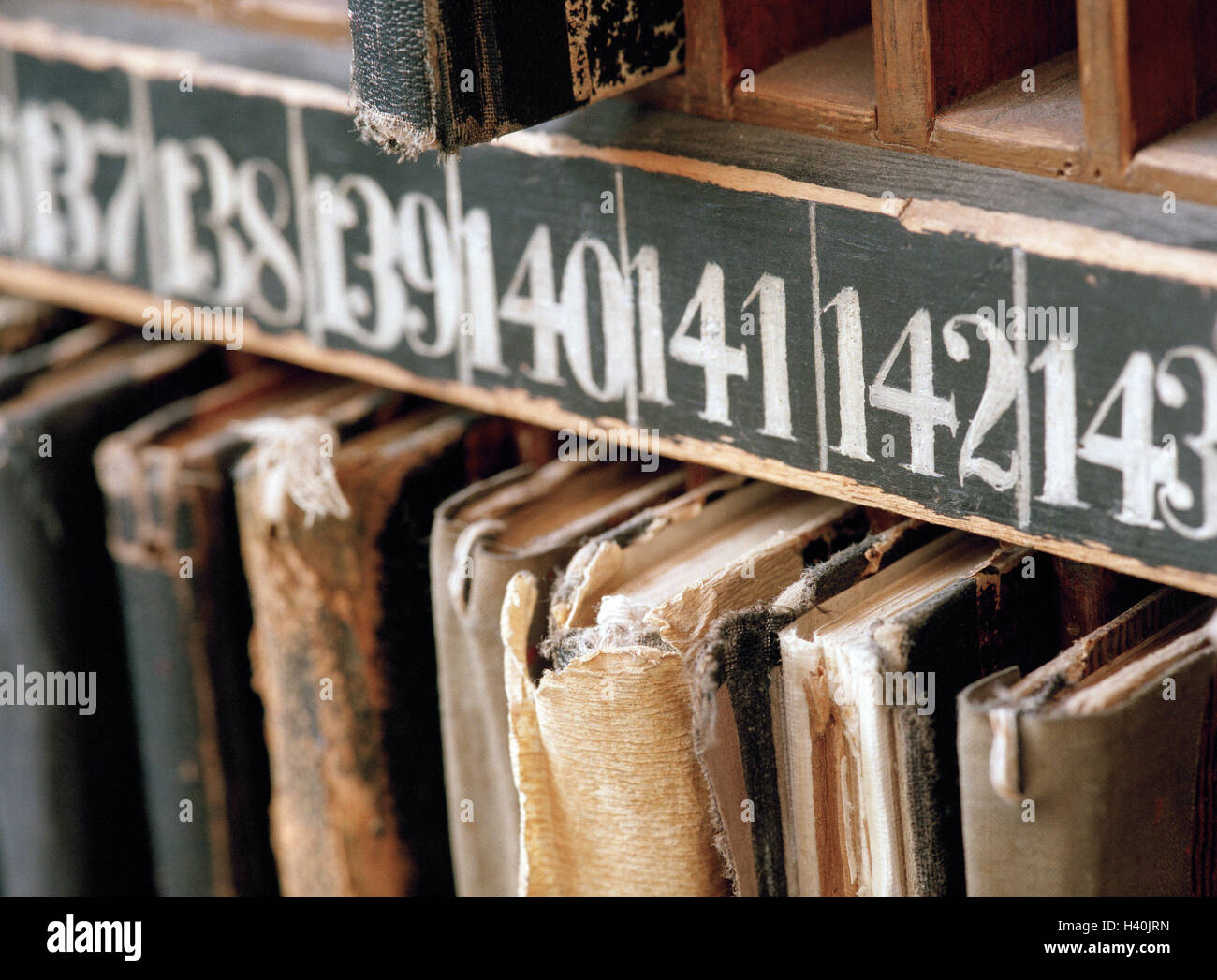 Weaving mill, shelf, sample books, numbers, detail, nostalgically ...