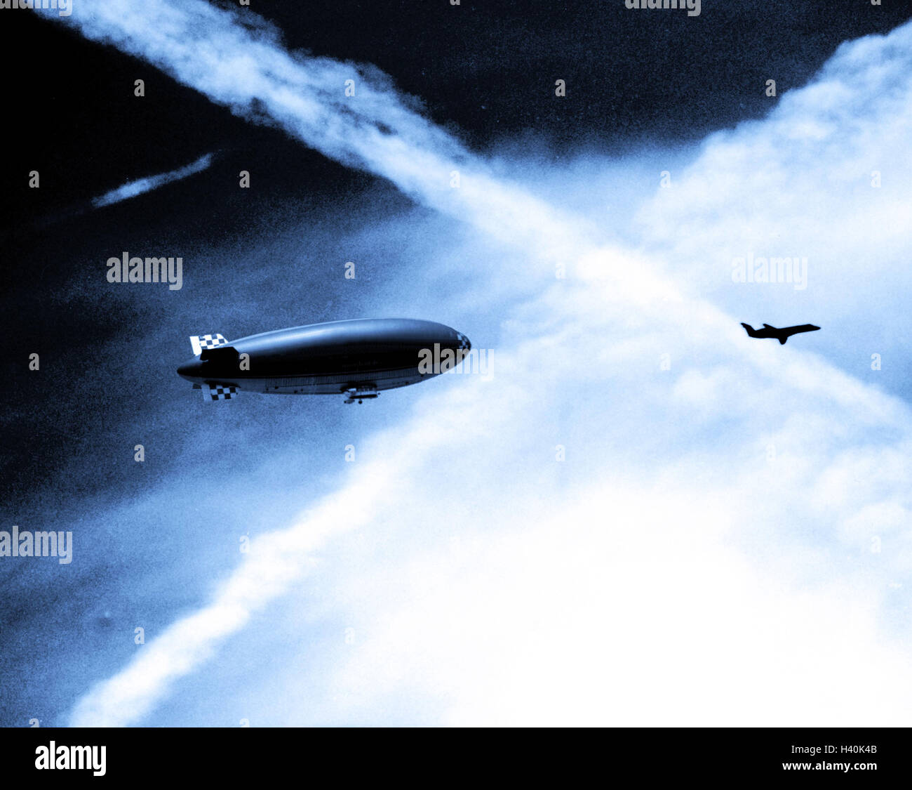 Cloudy sky, zeppelin, airplanes, from below, [M], aviation, air traffic ...