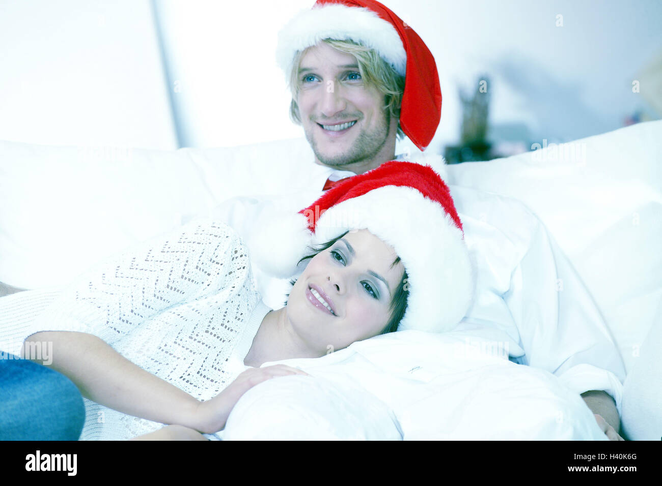 Sofa, couple, Santa's hats, take it easy, Christmas, Santa, yule tide ...