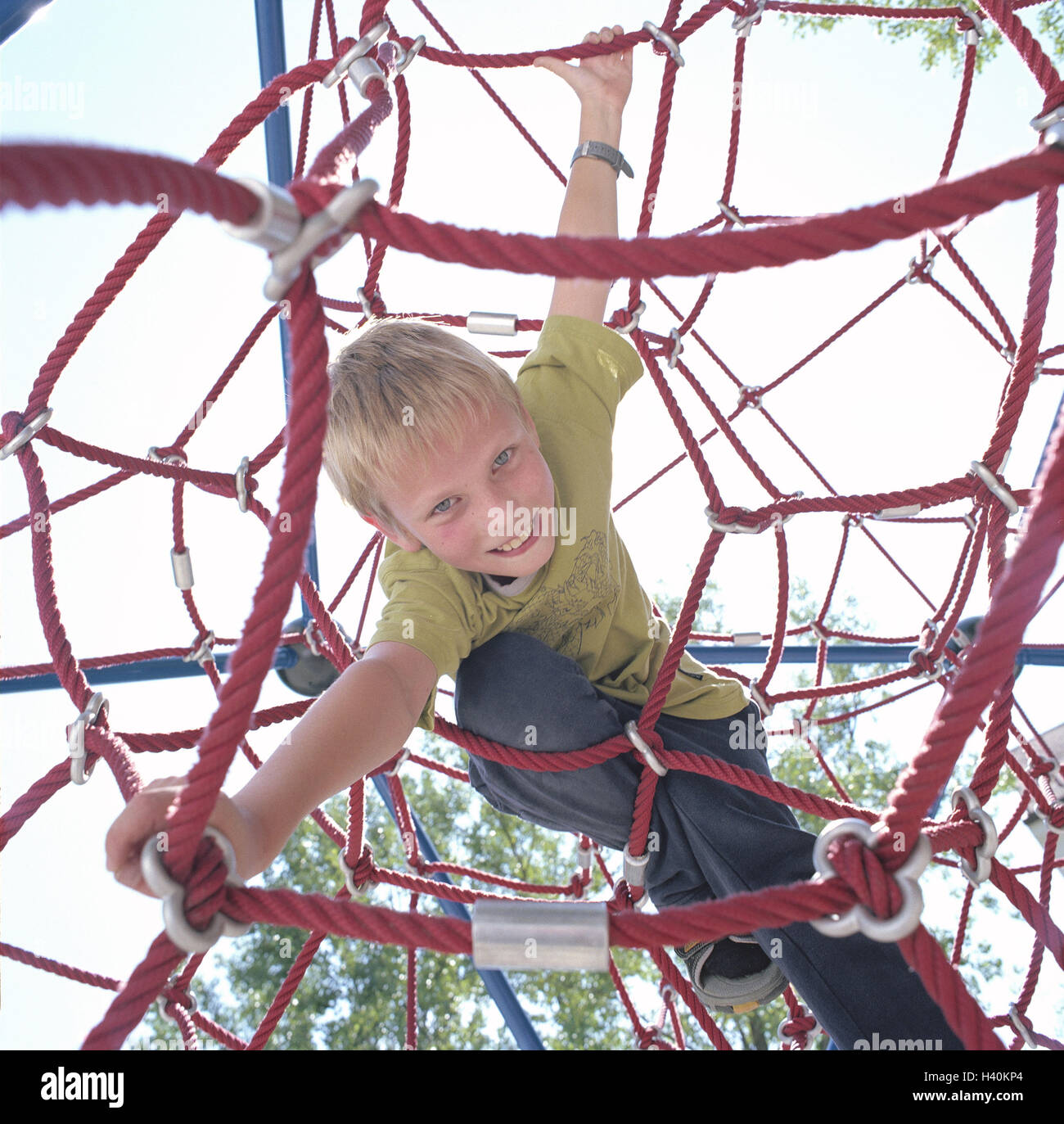 Playground, climbing network, boy, smile, climb from below, child ...