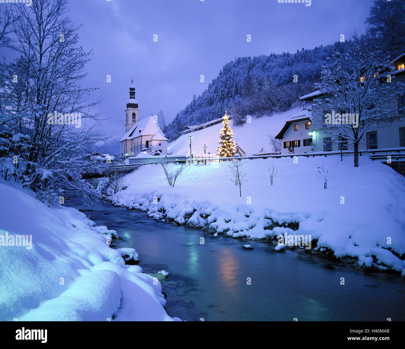 Germany, Bavaria, Ramsau, local view, church, Christmas tree, winter ...