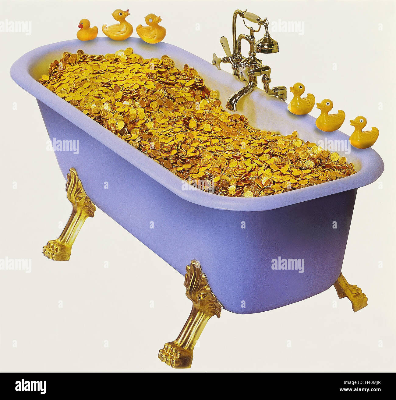 Bath, golden coins, plastic ducks, concepts, icon, saying, "in the ...