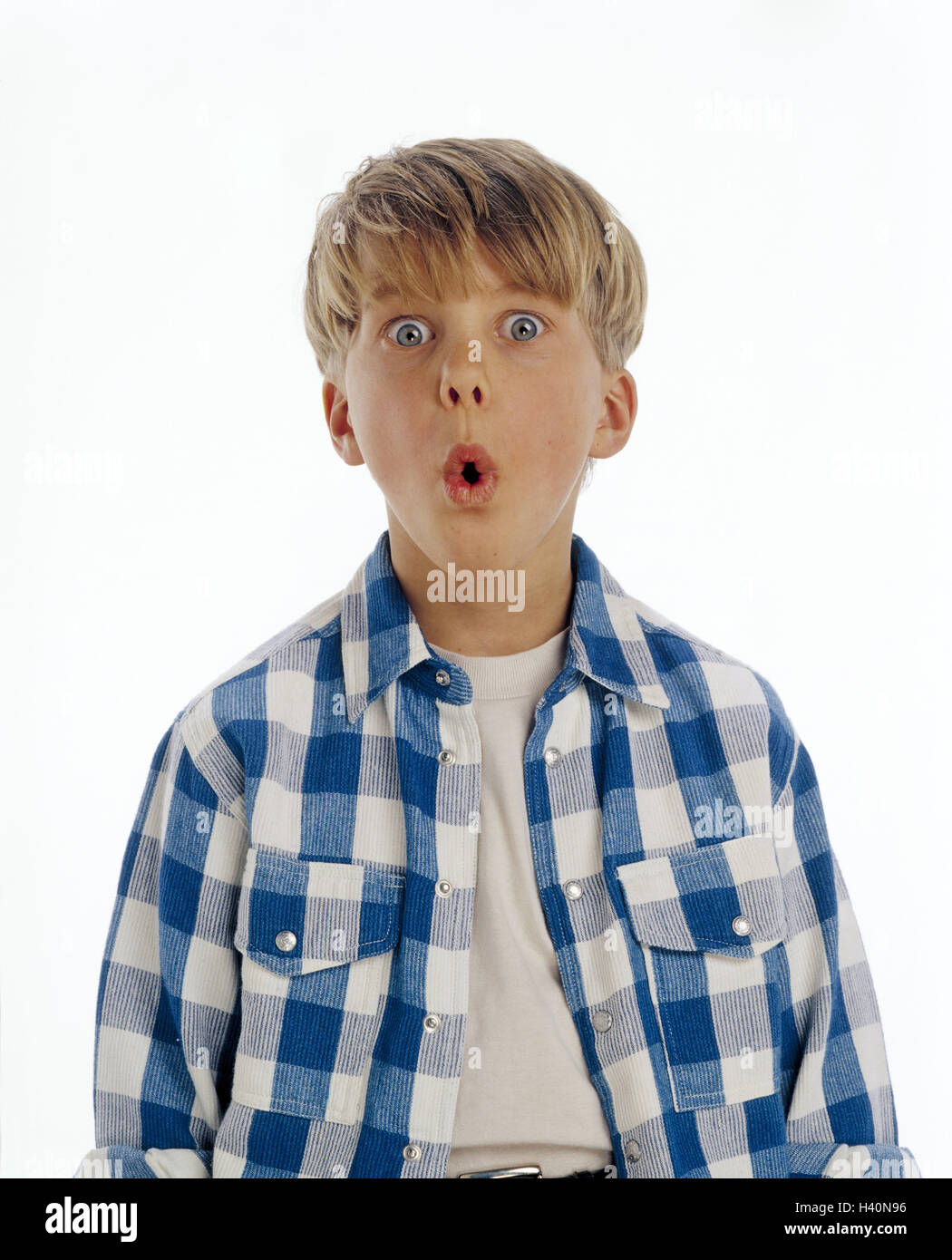 Boy, blond, shirt, checked, facial play, is surprised, surprises ...