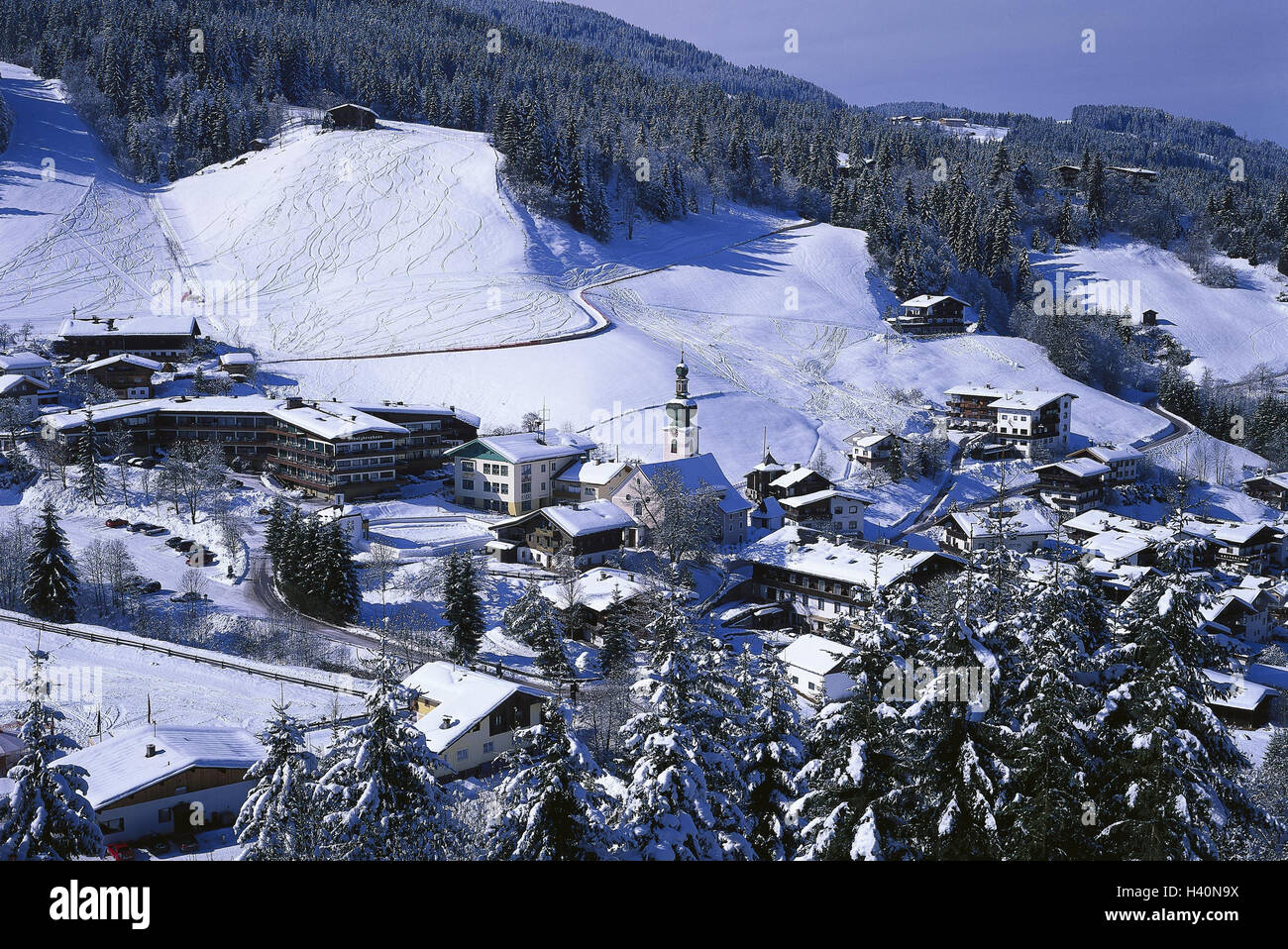 Austria, Tyrol, Auffach, local overview, church, winter, mountain ...