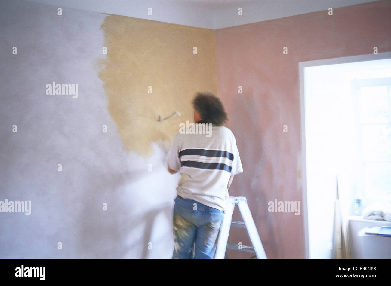 Flat, renovation, man, wall, glide, conductors, stand, renovate back ...