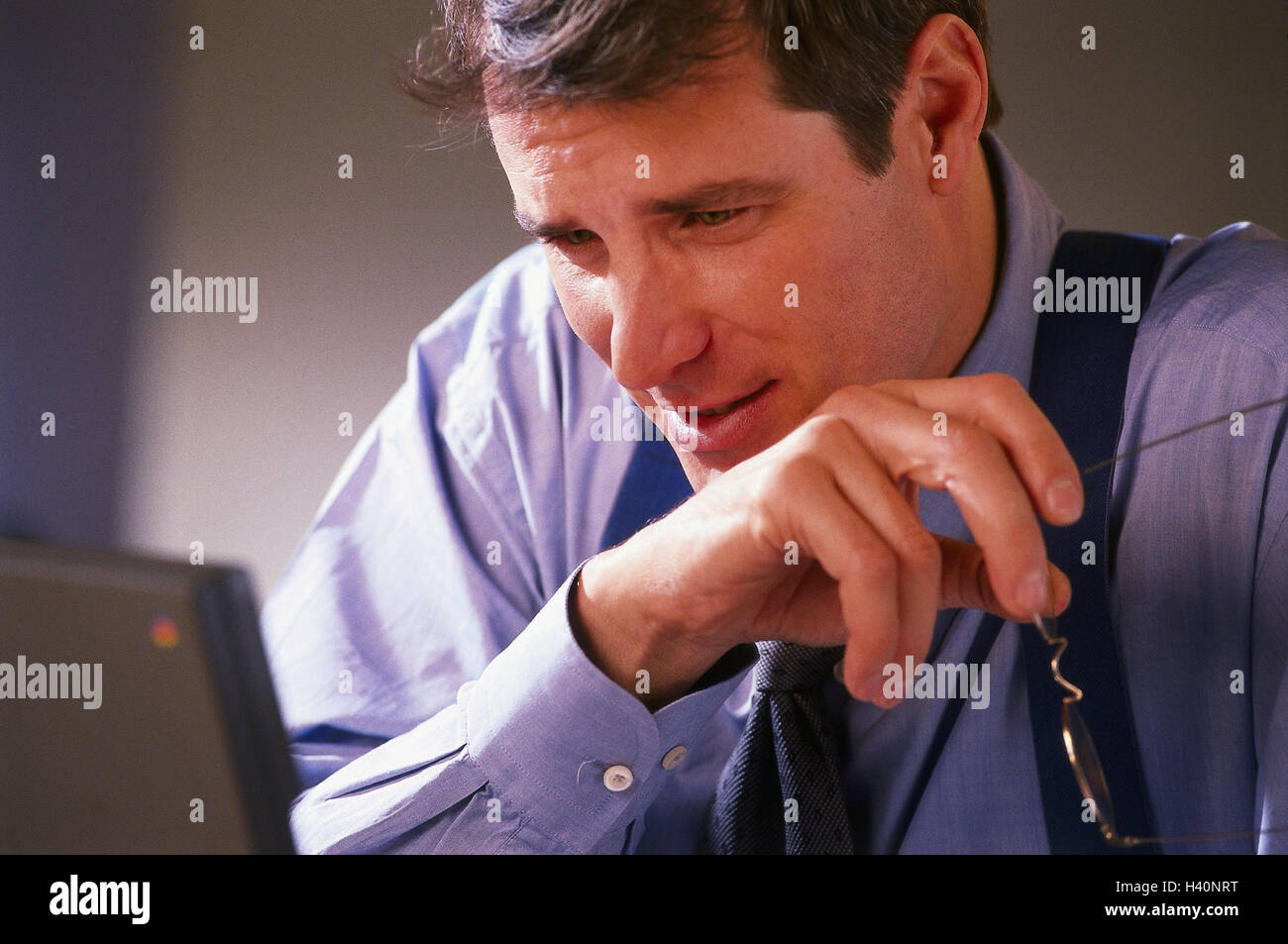 Businessman, laptop, gesture, read, half portrait, professions, work ...