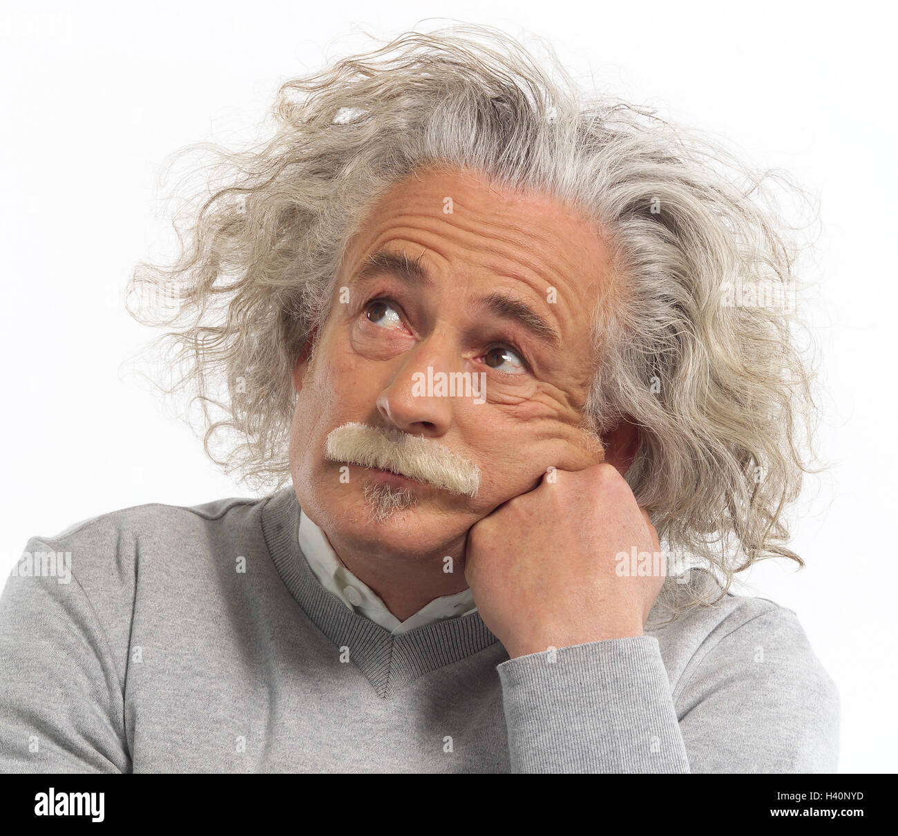 Man, bored, head add support, imitation, Albert Einstein, portrait, man ...