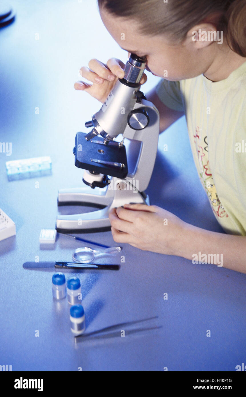 Girls, view, microscope, examination, side view, child, childhood, 10 ...