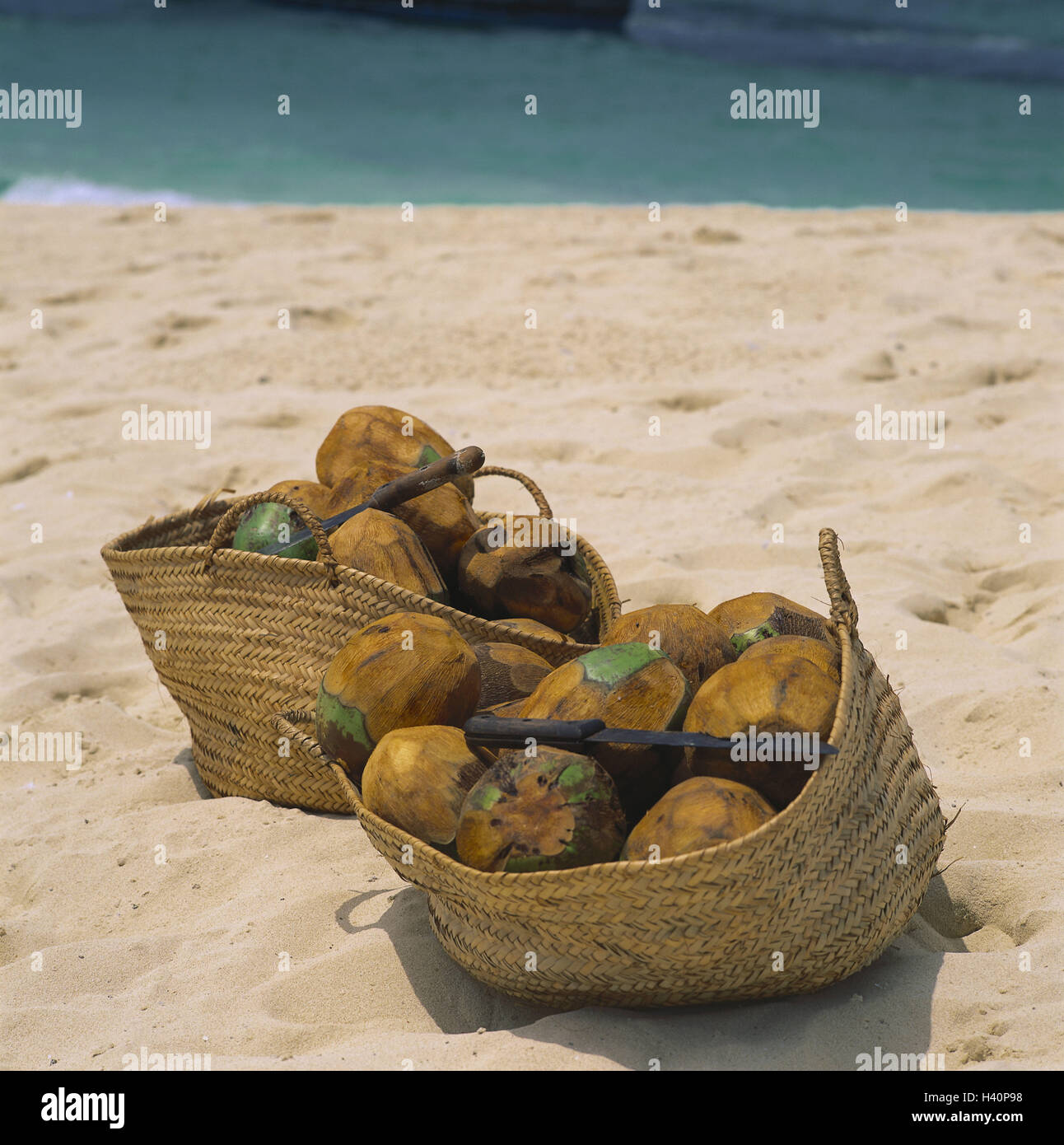 Tanzania, island Zanzibar, Kwale, Menai Bay, beach, baskets, coconuts ...