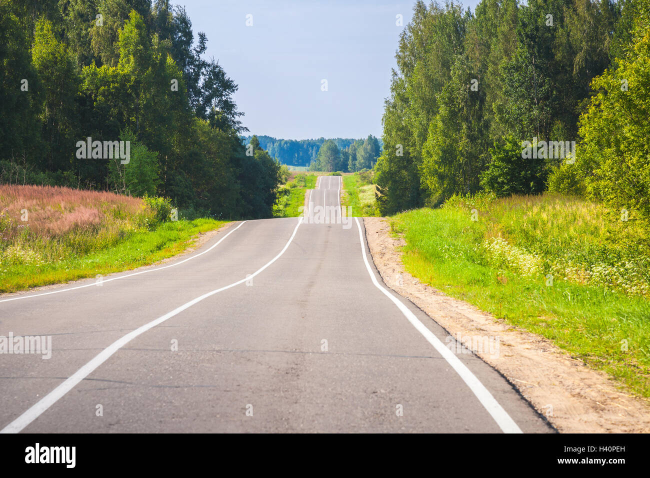 Empty rural highway perspective in summer day, European road landscape ...