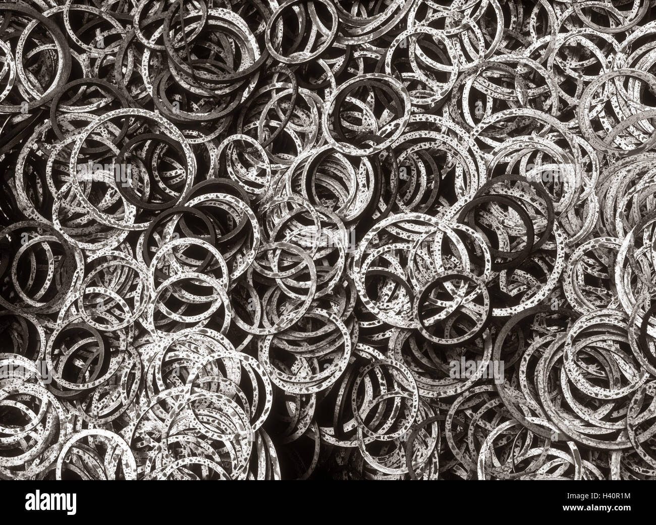 Scrap yard, iron rings, detail, b/w, scrap metal, collective place ...