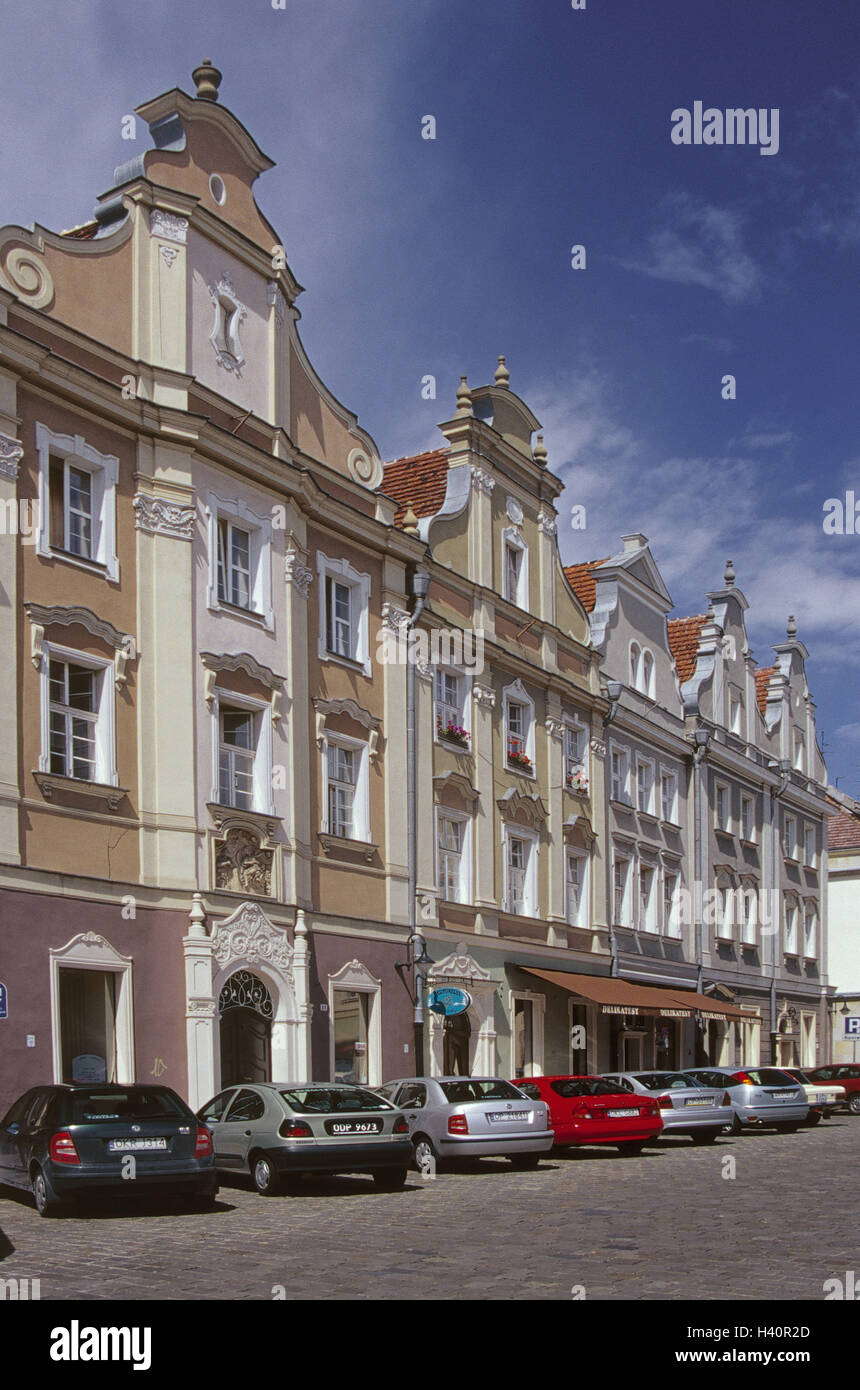 Poland, Silesia, Oppeln, Old Town, house line, parking lots, cars ...