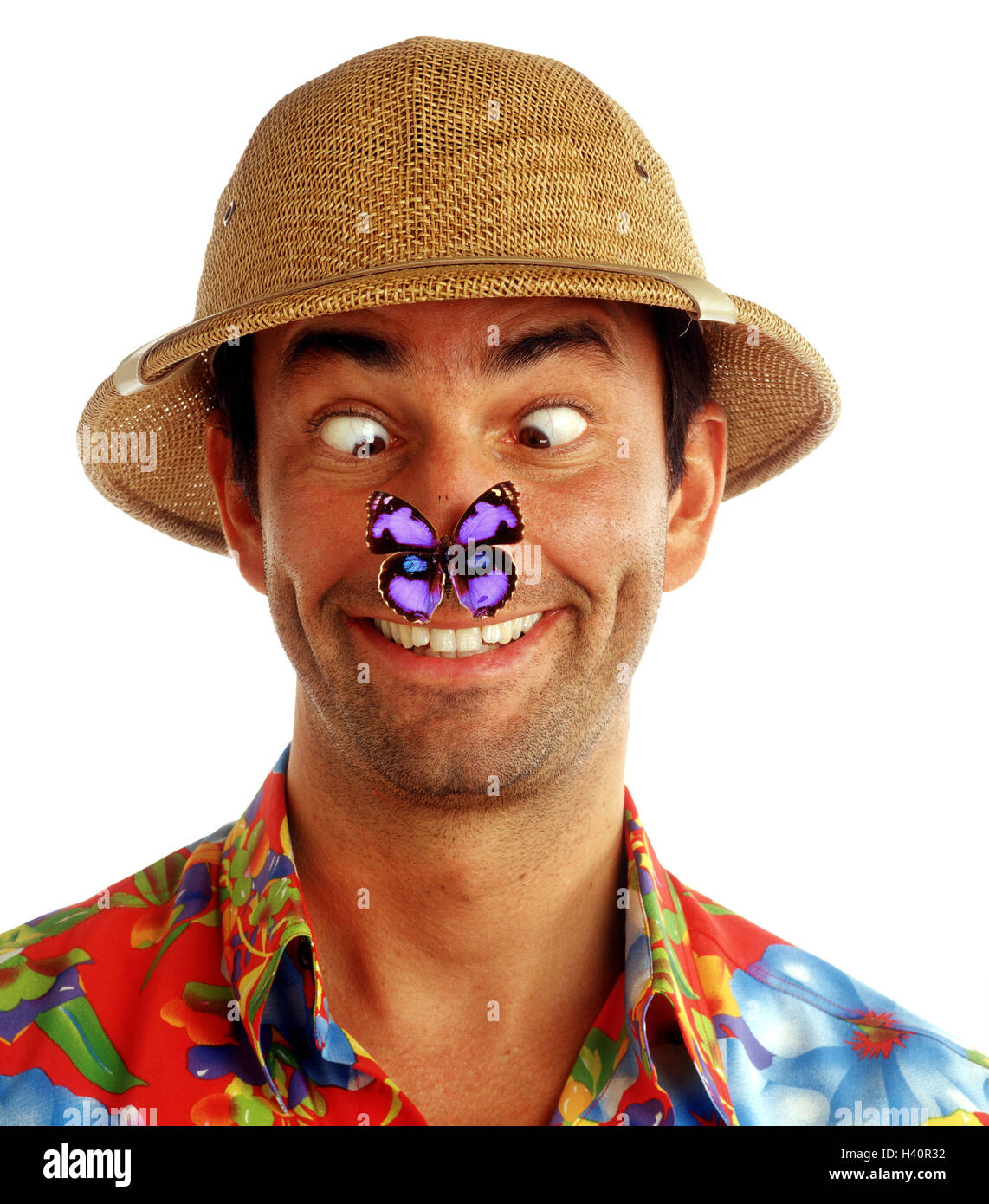Man, Hawaii shirt, straw hat, squint, nose, butterfly, portrait ...