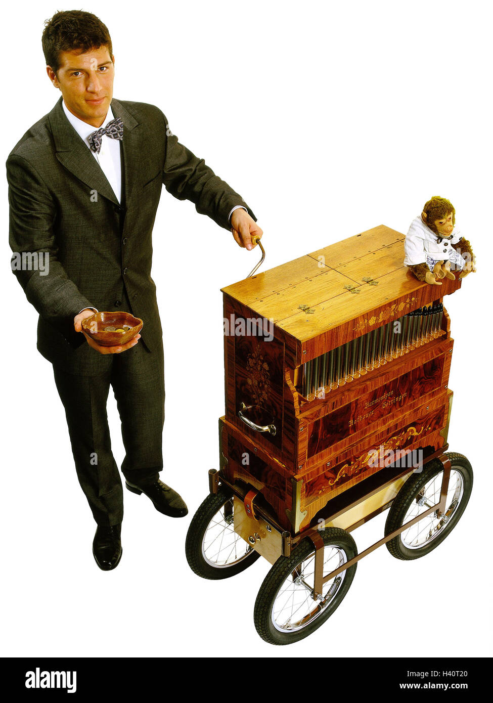 Man, young, suit, barrel organ, gesture, peel, money Men, studio, cut ...