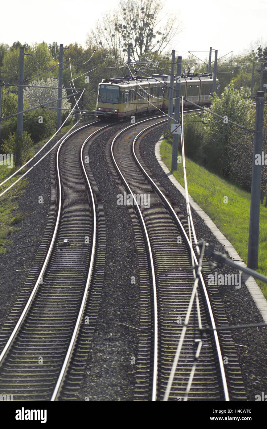 Germany, Baden-Wurttemberg, Karlsruhe, railroad tracks, stopping train ...
