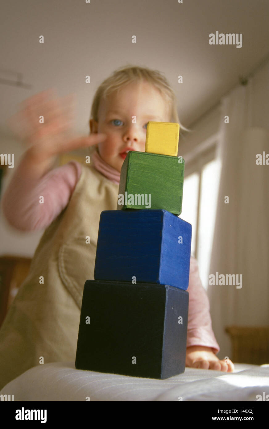 Infant, wooden cube, stack, motion blur, half portrait, child, girl, 1 ...