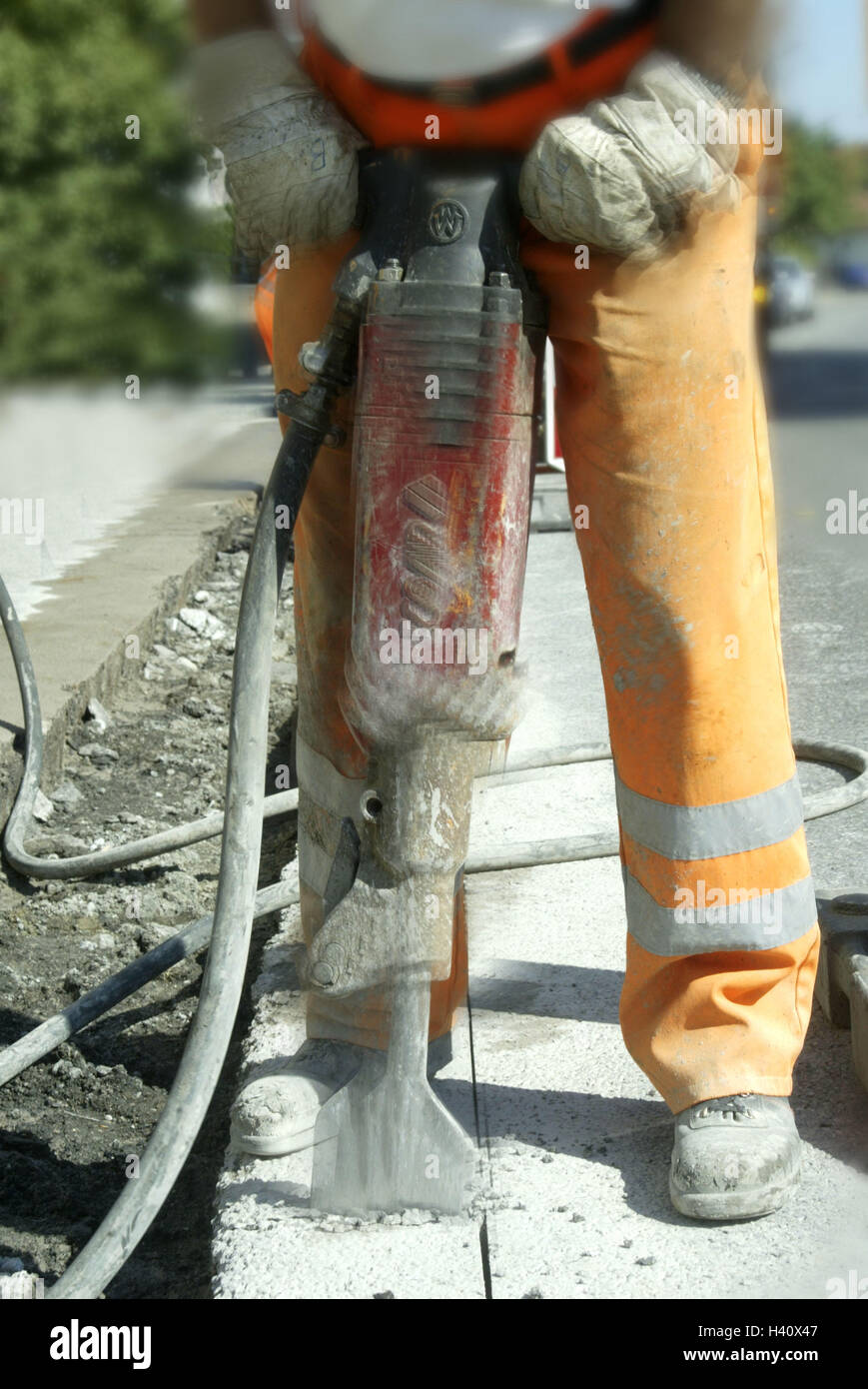 Road construction, worker, pneumatic hammer, detail, road construction ...
