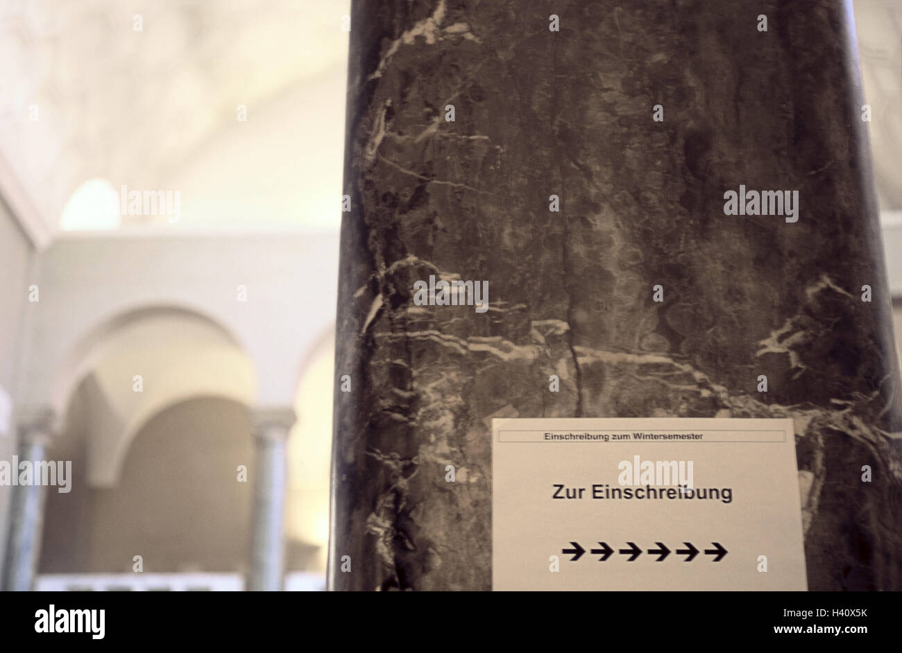 University, hall, pillar, sign, "to the registration", arrows, school ...