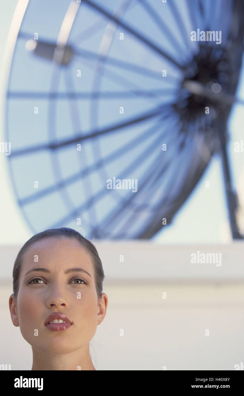 Woman, young, seriously, portrait, background, satellite aerial, blur ...