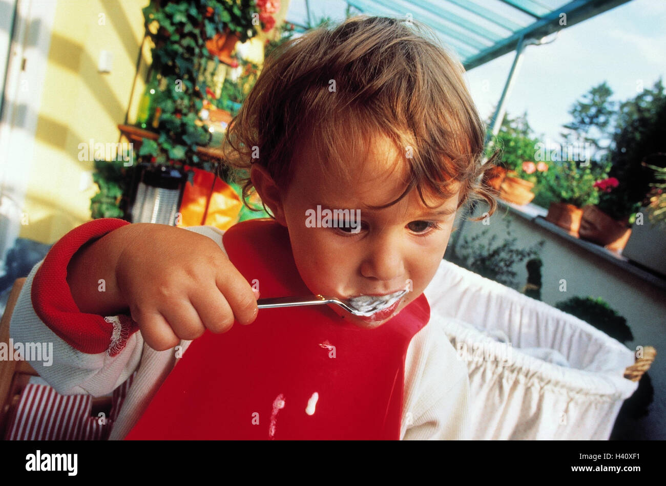 Balcony, child, ice, eat, portrait, inside, at home, girls, spoons ...