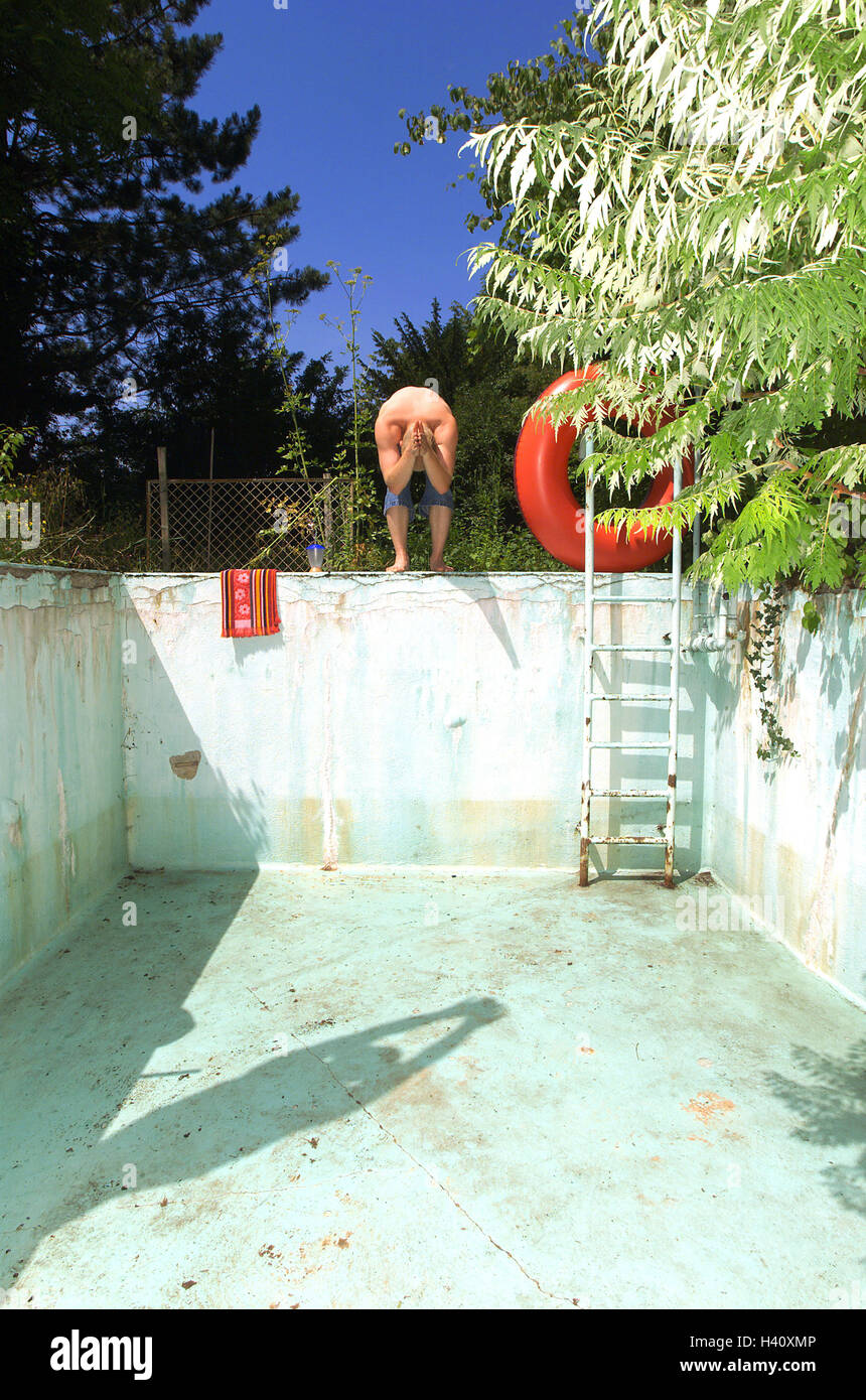 Pool margin, man, young, gesture, racing dive, swimming pool, blank ...