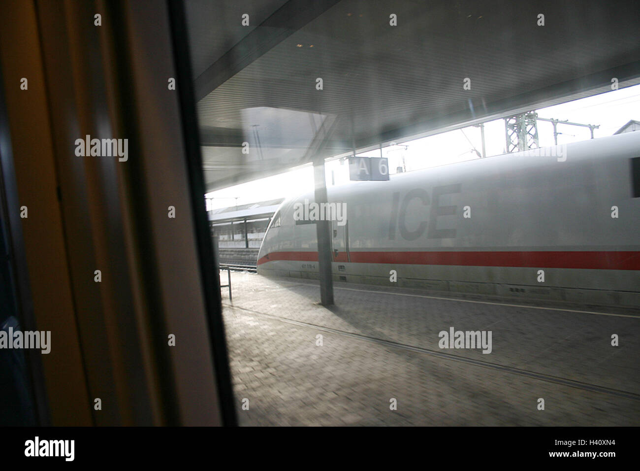 Railway station, train window, view, platform, intercity express ...