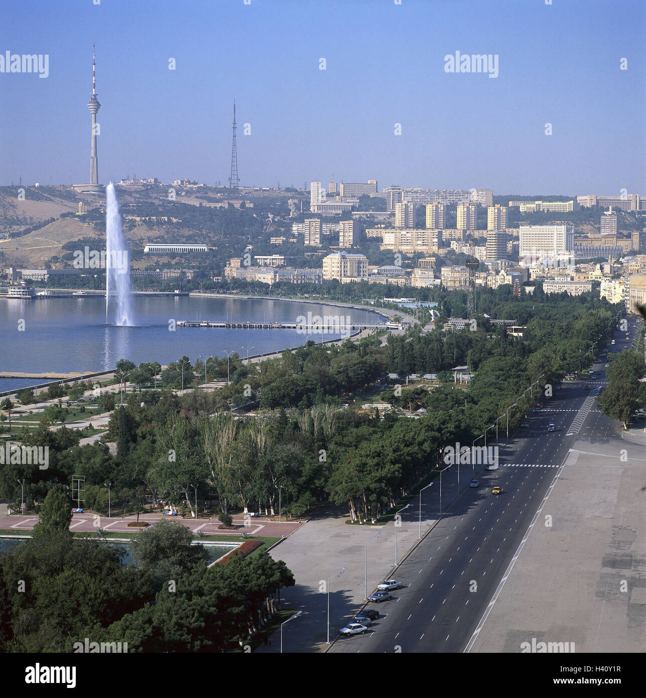 Azerbaijan, Baku, town view, Primorsky park, bay, lake, water jet Asia ...